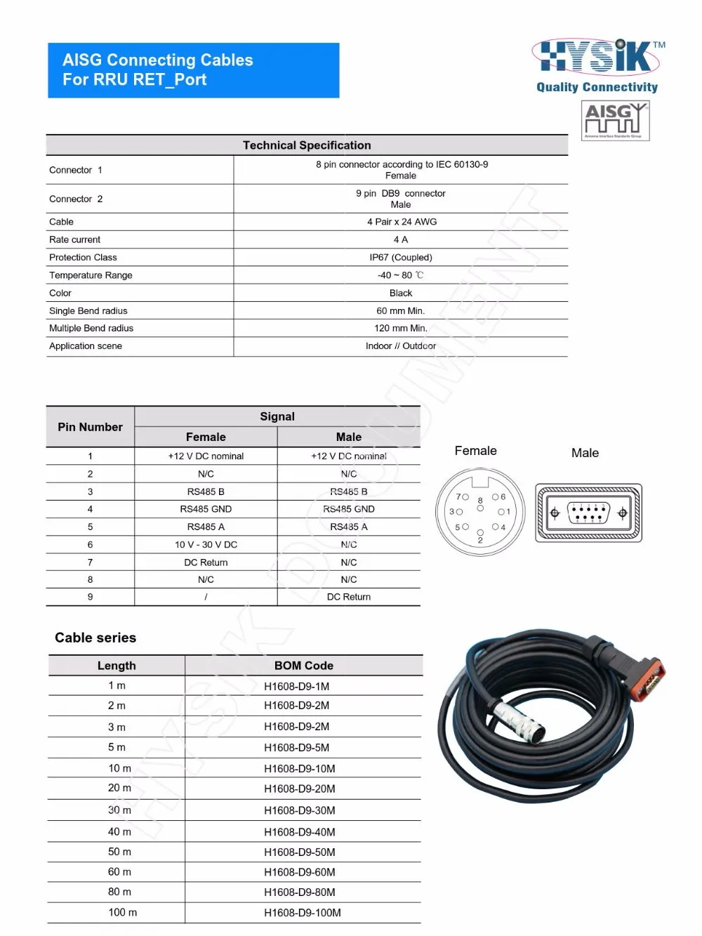 RET Cable - 3m Control Cable with Male DB9 & Female AISG