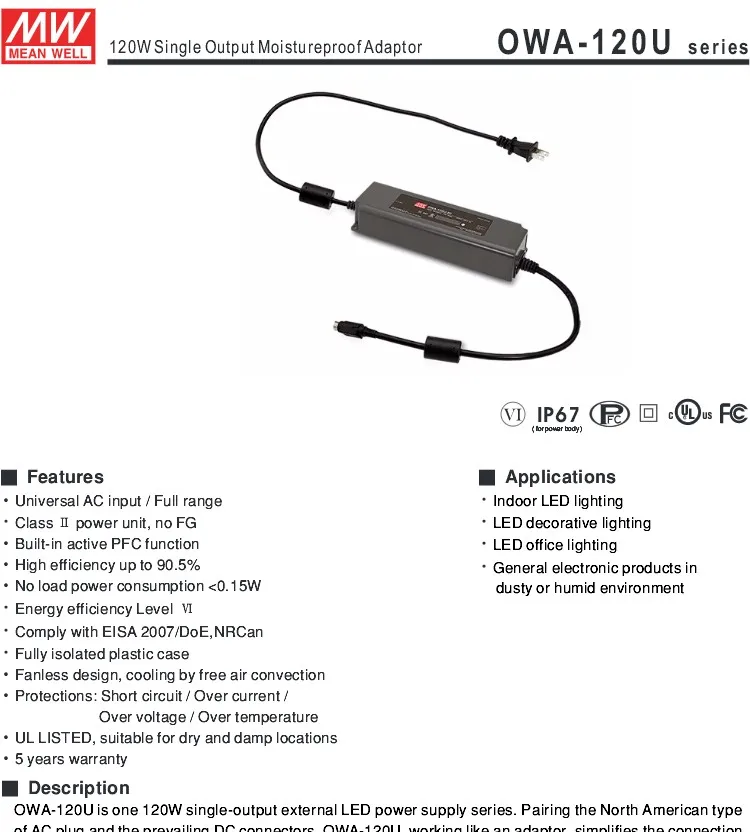 Meanwell 120w Moistureproof Power Owa-120u-24 24v 120w Adapter - Buy ...