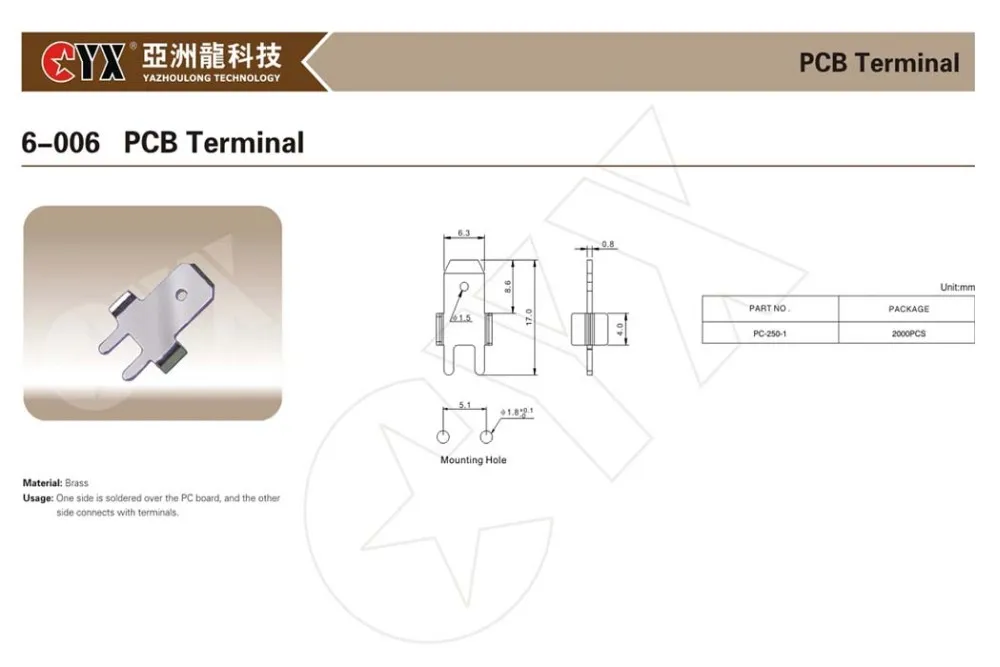 Pcb Welding Terminal Tab Pc250 / 187 /110 Brass Tabs - Buy Pcb Terminal ...