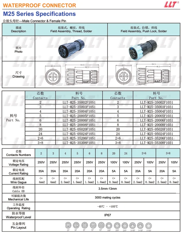 Llt Ip68 Waterproof Amp 3+8 Pin Hybrid Sensor Connector With Nut For ...