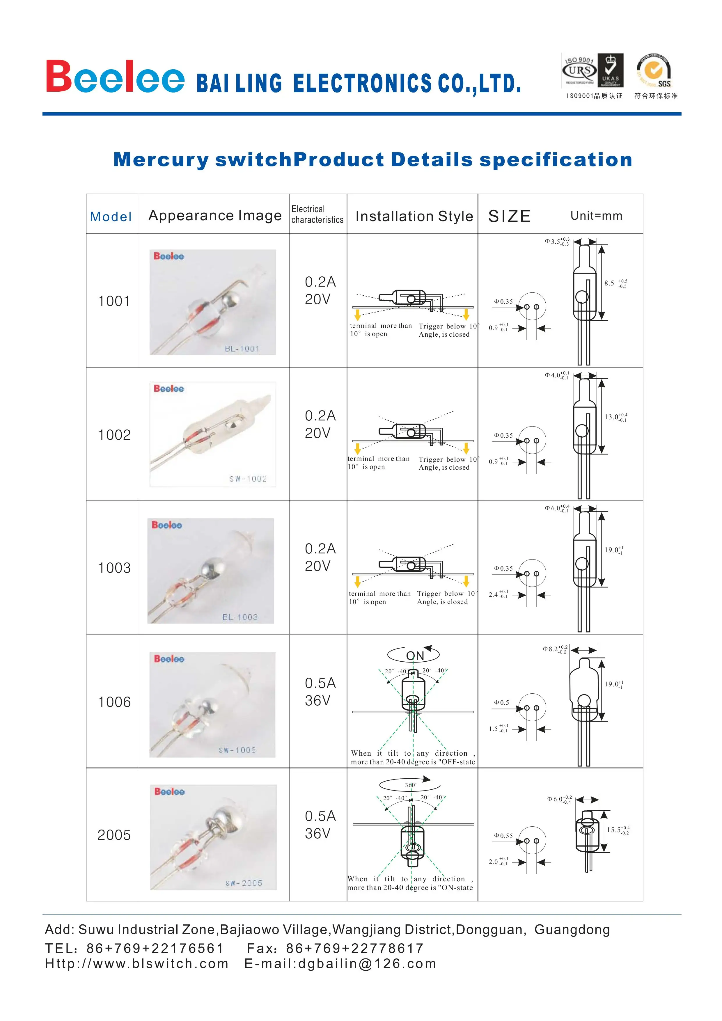 SW2002 20v Glass Mercury Tilt Switch for Smart Water Products