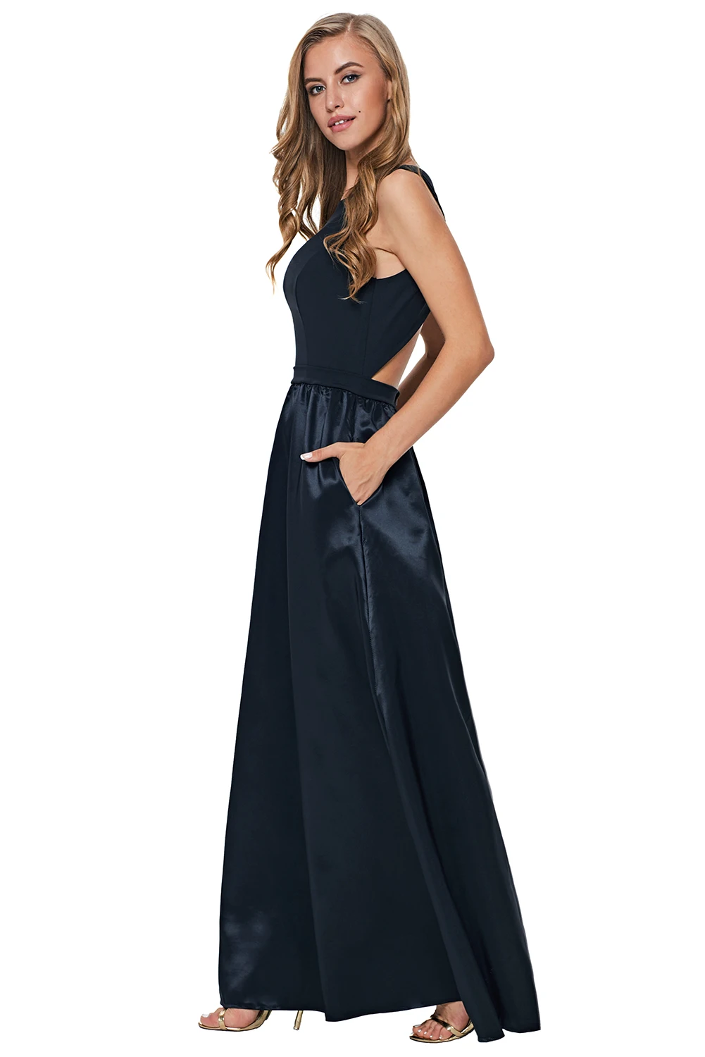 Women Black Sleeveless Sexu Back Open Evening Dress Long Party Dress ...