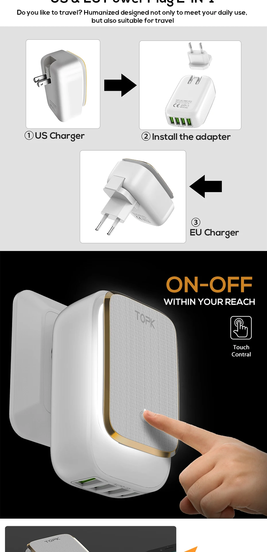 Topk B413 4-port 22w Adjustable Led Lamp Usb Charger Adapter Auto-id ...