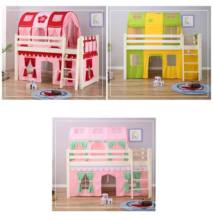 Kids Bunk Bed Loft Toddler Bed in Pine Wood Tent Bed with Fabric Tent