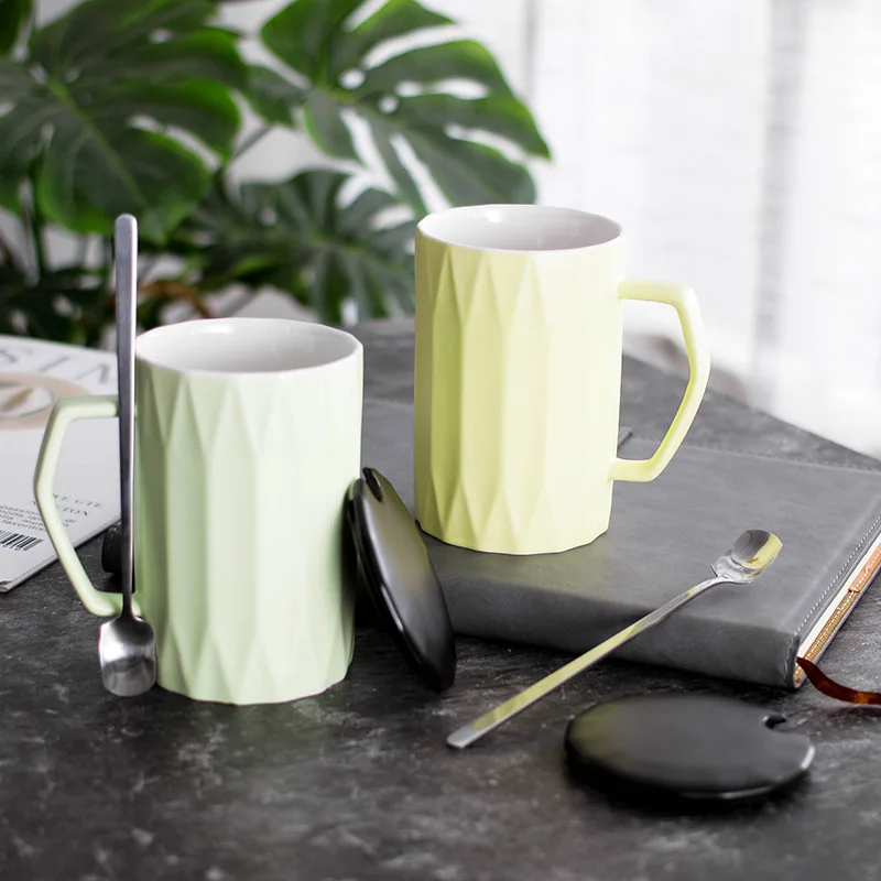 Creative Geometric Shape Ceramic Mug With Spoon And Lid - Buy Geometric ...