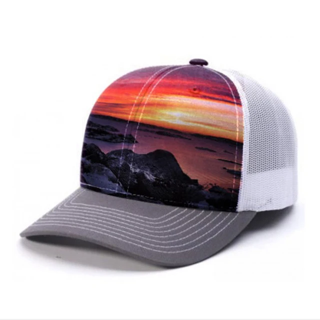 Custom Sublimation Printing 6 Panel Flat Brim Trucker Cap Hat Wholesale