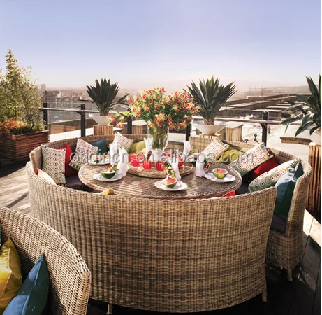 Italian Style Wicker Outdoor Dining Set - Curved Bench & Round Table ...