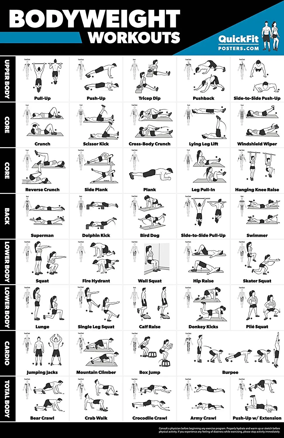 Buy Bodyweight Workout Exercise Poster NOW Laminated Gain Strength