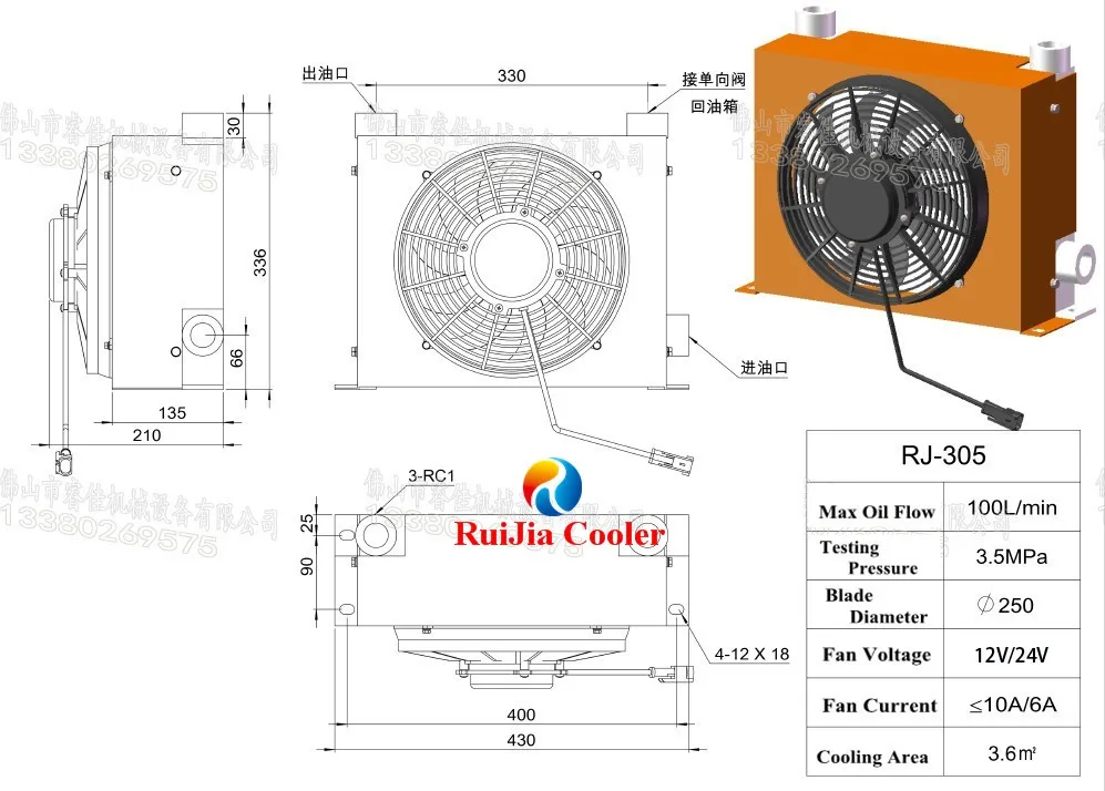 Cooler Oil Hydraulic Fan Cooled Heat Exchanger Unit Rj-305 Aluminum Air ...