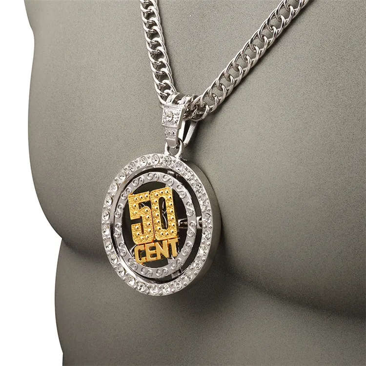 Fashion Jewelry Round Rotating 50 Cent Pendant Crystal Necklace for Men
