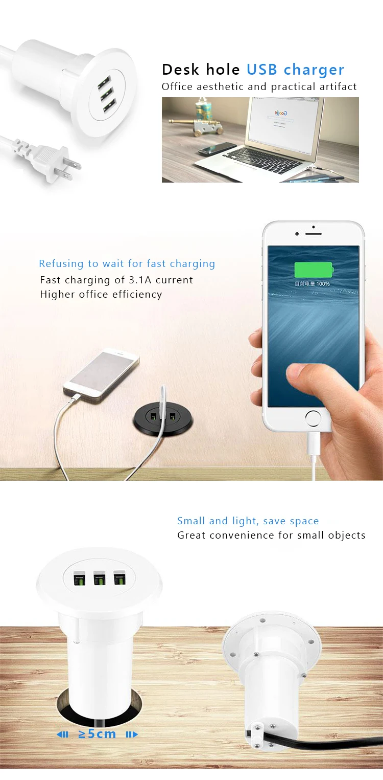 3 Usb Desktop Charger 5v 3.1a Office Home Desk Hole Charge Station ...