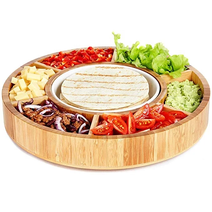 Round Bamboo Snack Chip And Dip Serving Platter Tray Bowl With ...