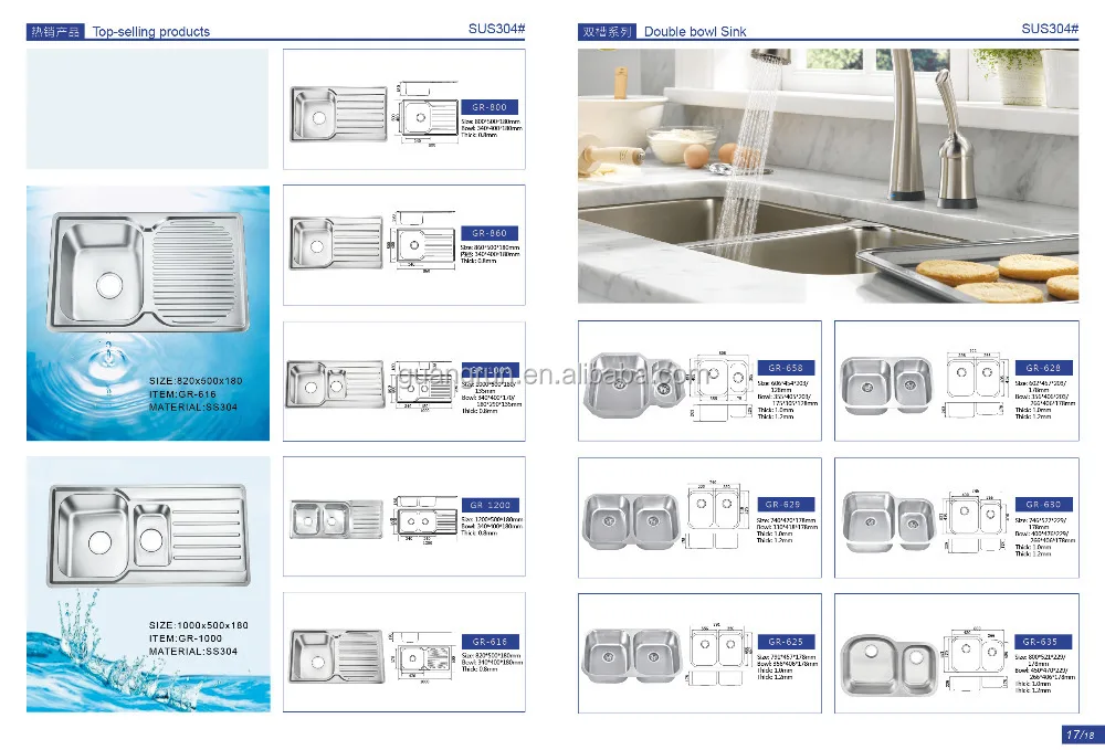 Deep Drawn Stainless Steel 304 Double Bowl Kitchen Sink With Drainboard ...