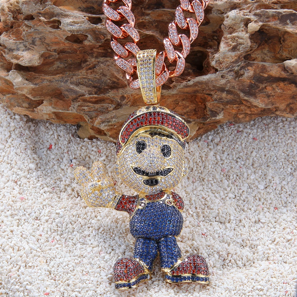German Large Size Hip Hop Iced Out Zirconia 18k Gold Plated Mario ...