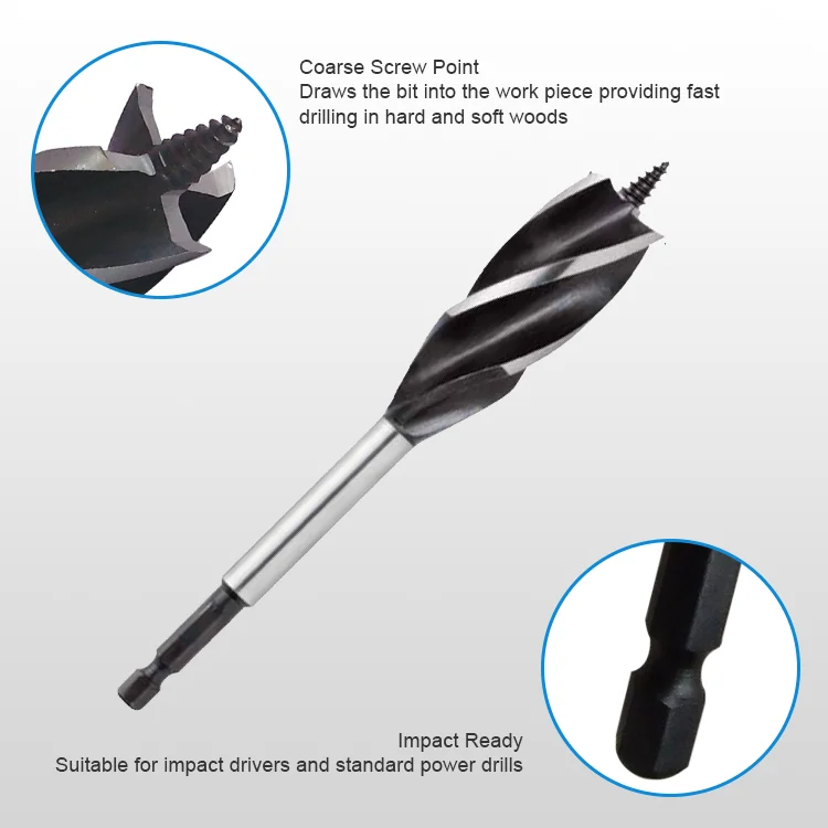 6 Times Fast 1/4 Quick Change Shank Four Flute Wood Auger Drill Bits ...