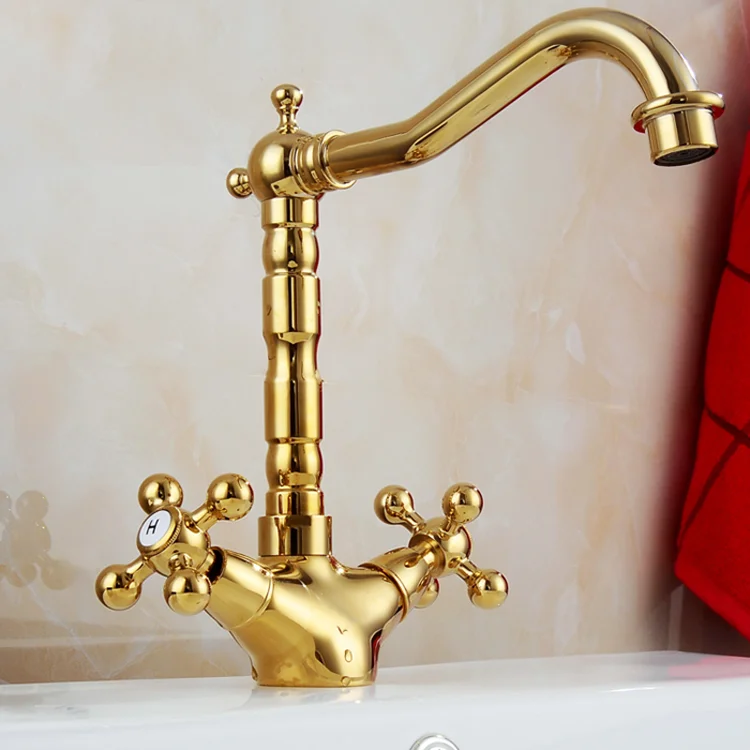 China Kitchen Faucet Gold Washbasin Mixer Tap Brass Dual Handle Faucet ...