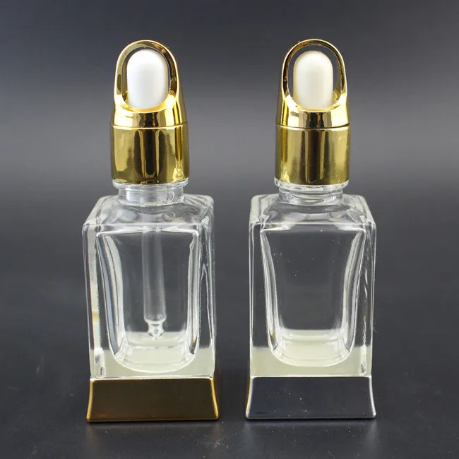 Luxury 30ml Fancy Glass Dropper Bottle Square Shape With Gold Push ...