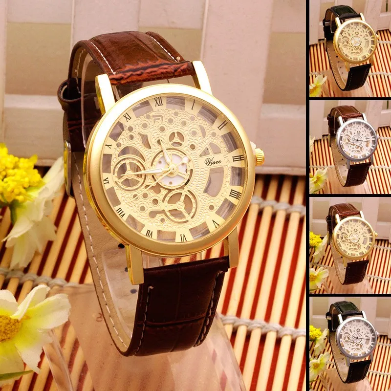 Hot Geneva Skeleton Watch Wristwatch Automatic Watches Men Pu Leather ...