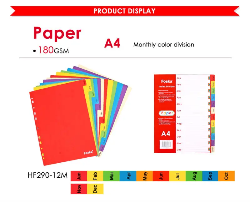 A4 Monthly Color Paper Index Divider - Foska Office Supplies