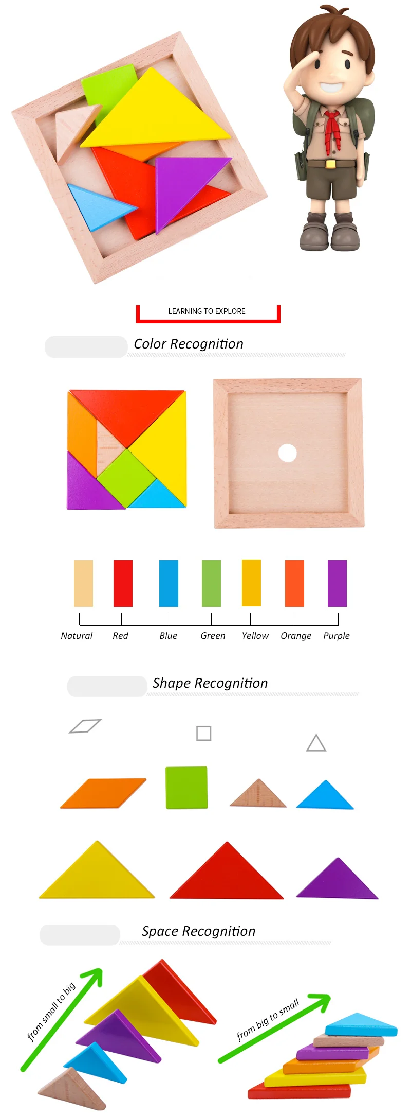 Children Educational Classic Colorful Seven Piece Wooden Tangram Puzzle ...