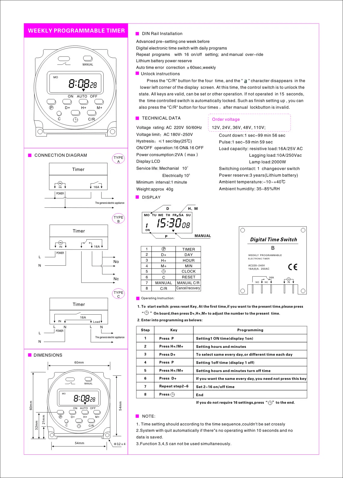 Cn101a Din Rail 12v 24v 36v 48v 110v 220v Lcd Display Weekly Programmable Timer - Buy Weekly ...