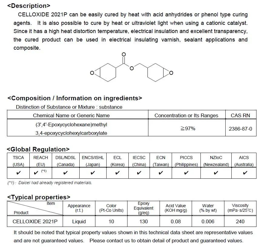 Cas 2386-87-0 Cycloaliphatic 에폭시 수지 Daicel Celloxide 2021p / Erl4221 ...