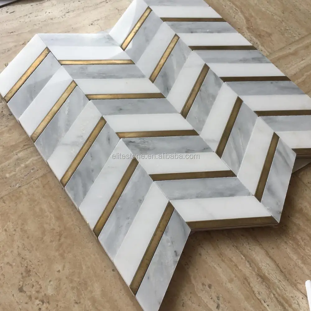 Statuario White Marble Stone Water Jet Mosaic Tiles Brass Mosaic Tile ...