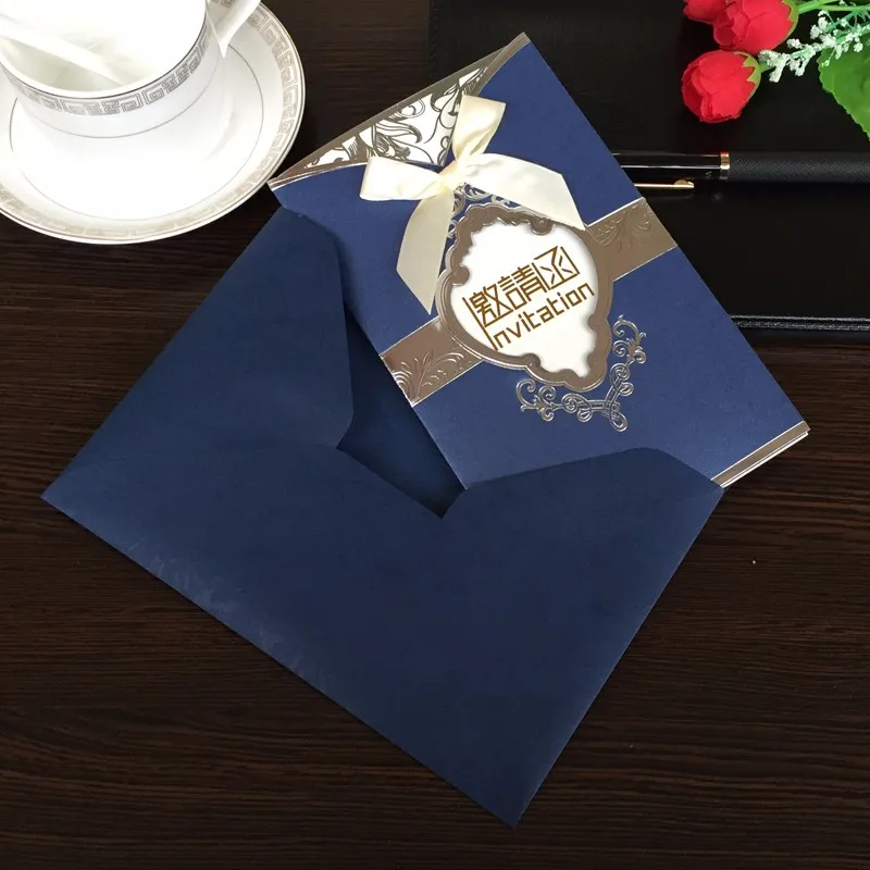 Navy Blue Invitation Paper Cards And Envelope With Ribbon - Buy Gold ...