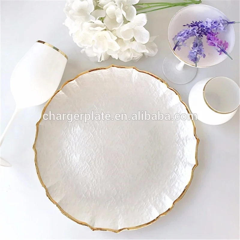 Elegant Pearl White & Gold Rim Charger Plates For Events, 13-inch, Eco ...