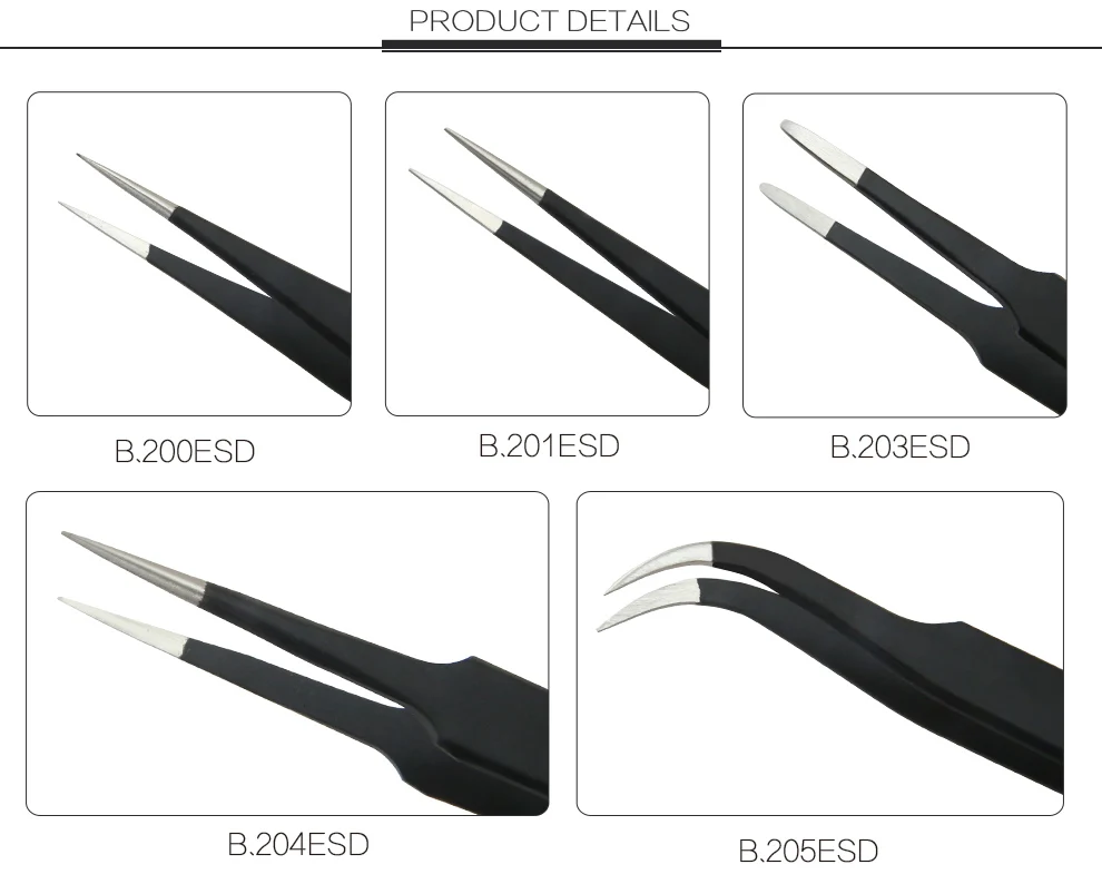 ESD Anti-Static Tweezers Set with Steel Handle Anti-Magnetic Electronic ...