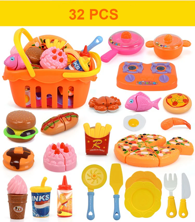 Kids Pretend Play Plastic Kitchen Food Set Trolley Basket