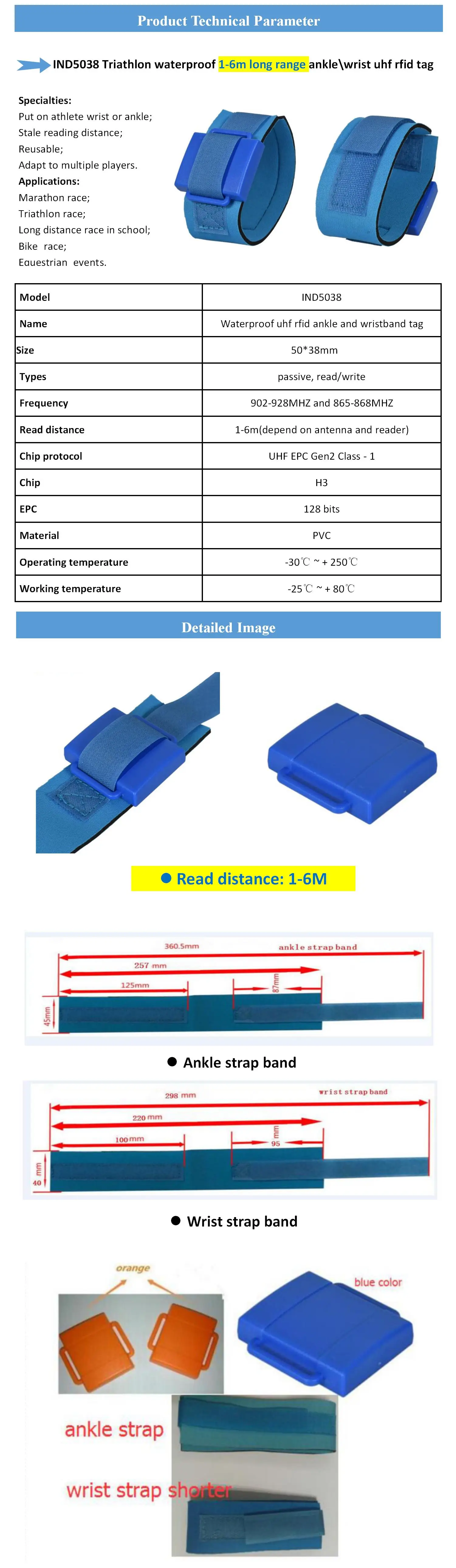 ISO 18000-6C EPC Class1 Gen2 RFID Wristband Tag - 1-6m Range