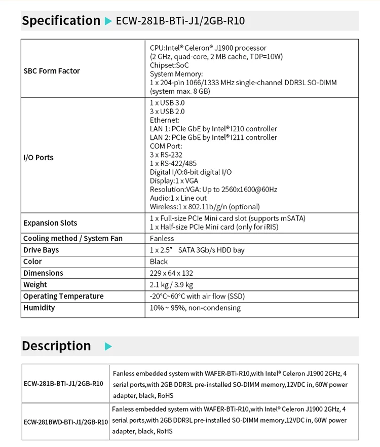 IEI Ecw-281b-Bti-J1/2gb - Fanless Industrial Embedded System