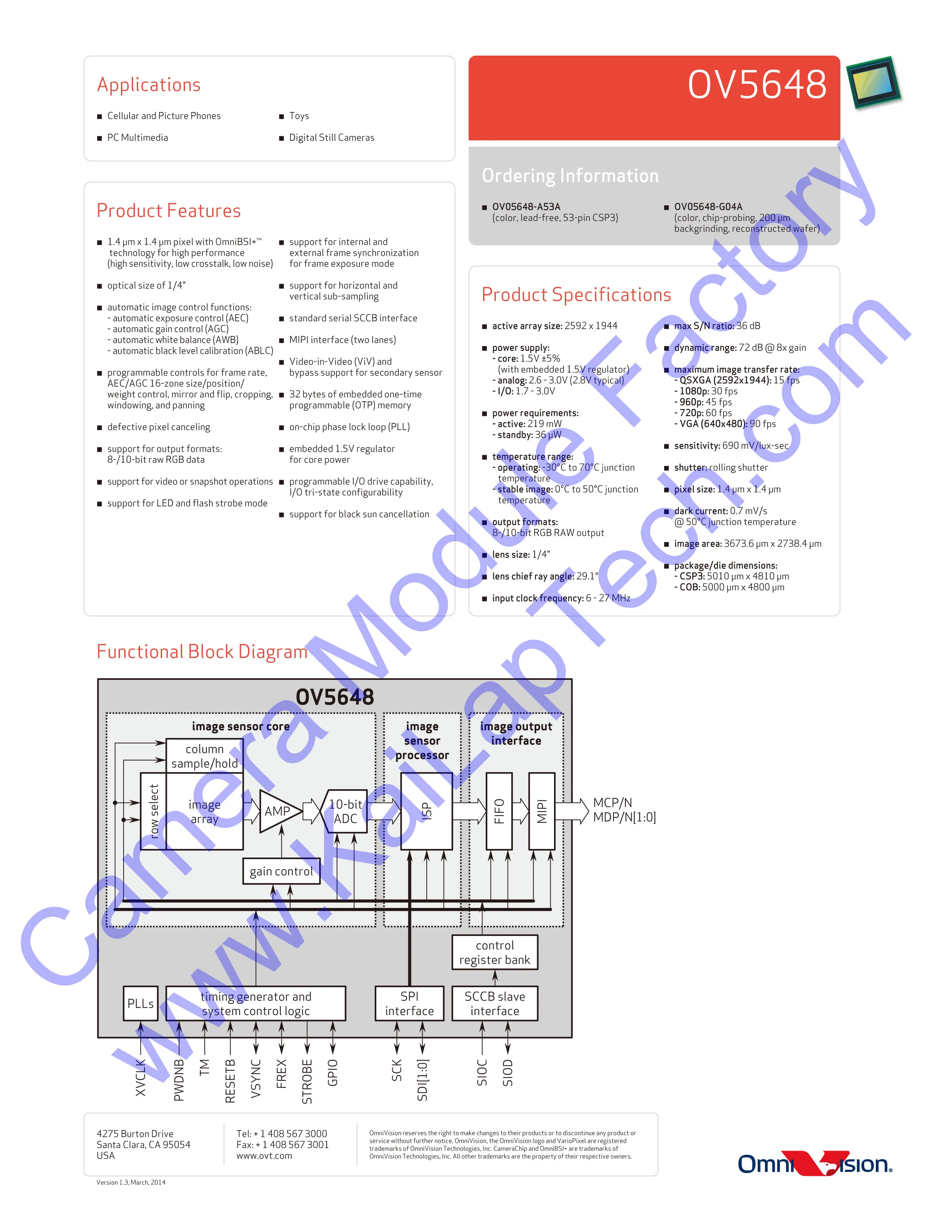 Omnivision Ov5648 Mipi Interface Fixed Focus 5mp Camera Module Jal ...
