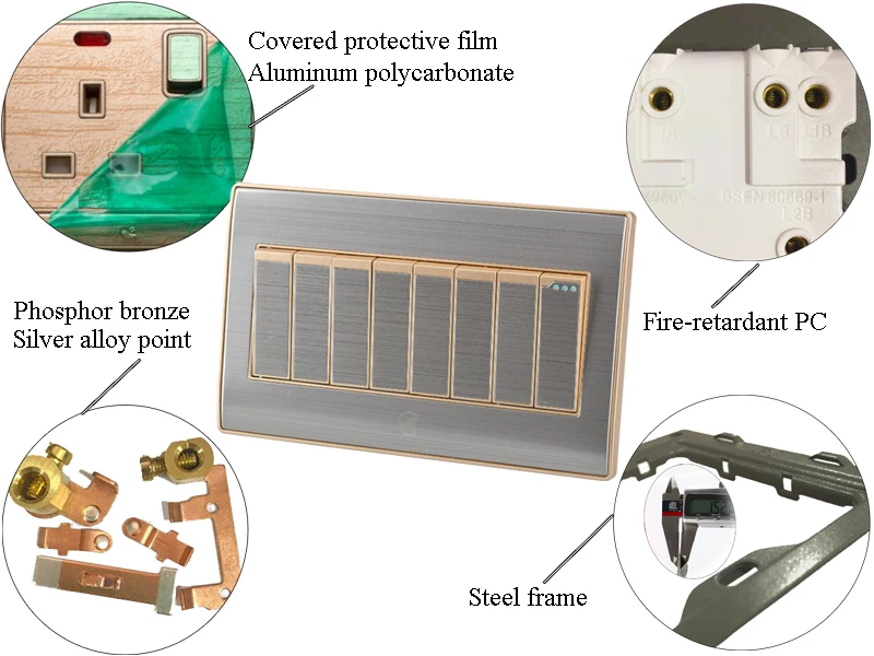 Brushed Aluminum 1 Way 2 Way 8 Gang Wall Electric Light Switch - Buy 8 ...