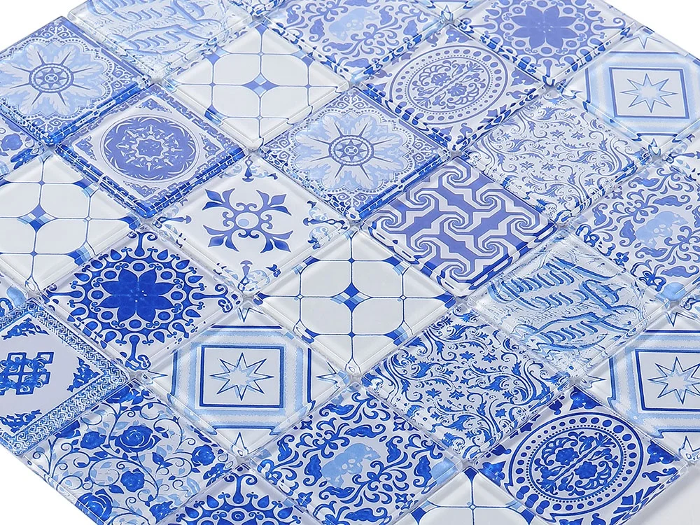 Antique Arabesque Blue Family Flower Design Crystal Glass Mosaic Tiles