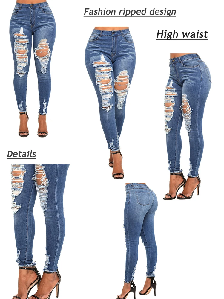 Fancy Ripped Demanda Ripped Skinny Womens High Waist Denim Destroyed Jeans