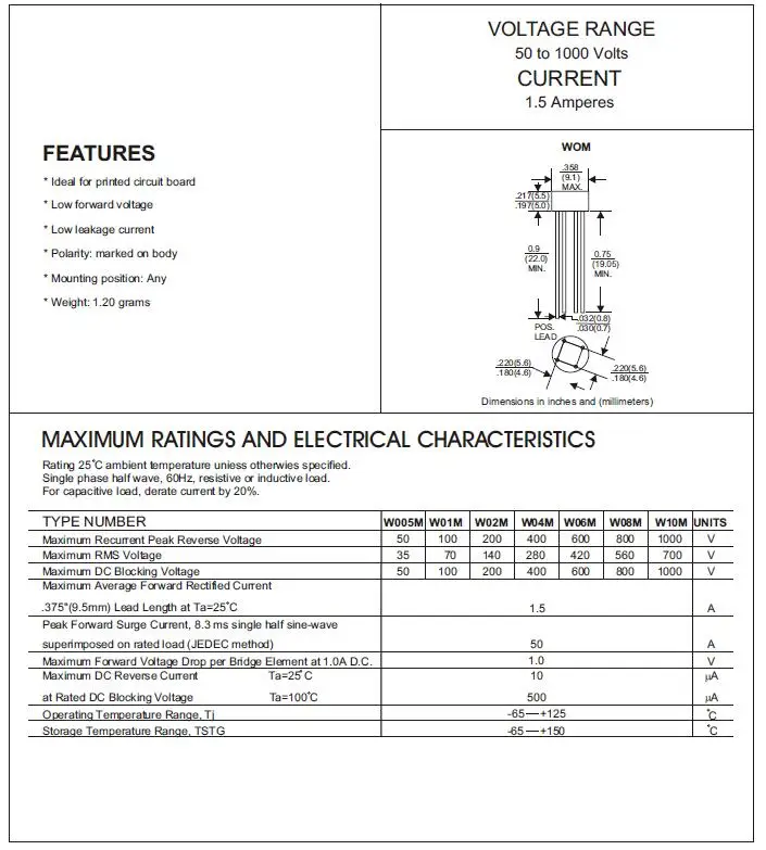 1.5a Silicon Bridge Rectifiers W10m W08m W06m W005m W01m W04m W02m ...