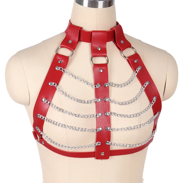 Red Leather Neck Collar Open Bra Bondage Body Waist Harness Belts