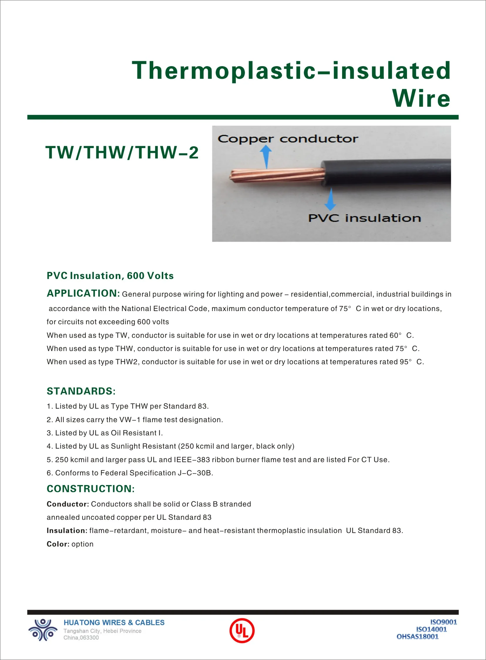 Single Core Thw Wire Pure Copper Conductor Wires And Cables 3/0 Awg ...