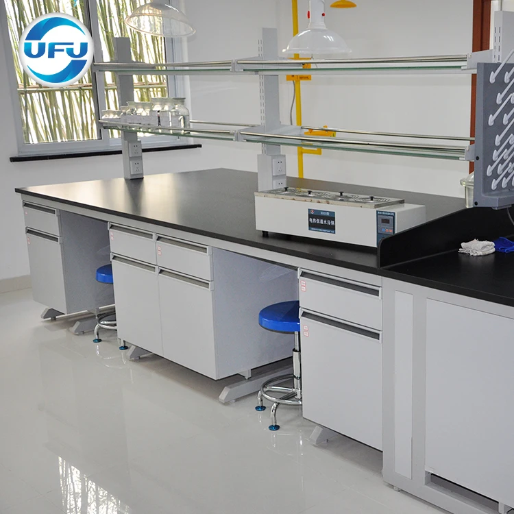 Laboratory Island Workbench with Suspended Cabinet and Reagent Shelf ...