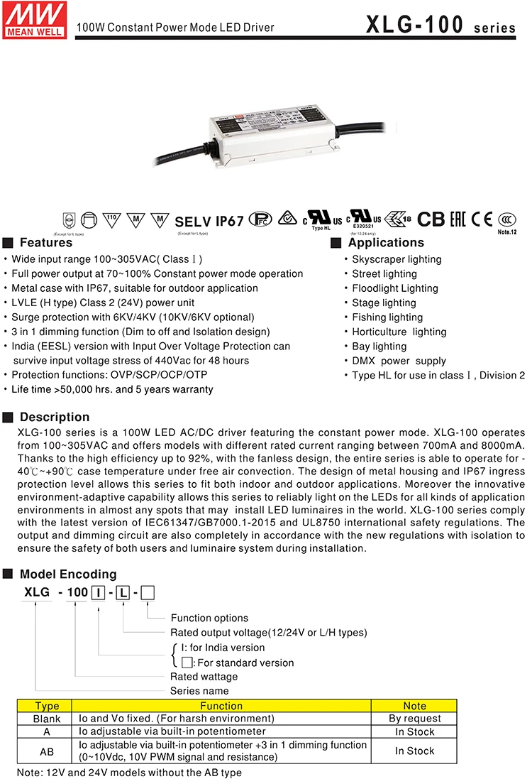 Mean Well XLG-100-H-A 100w 2100mA Led Driver| Alibaba.com