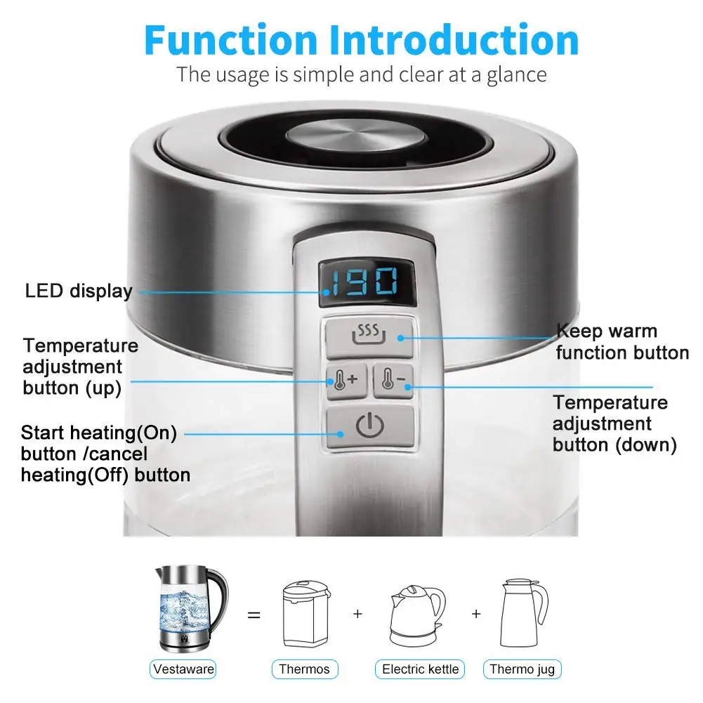 Variable Temperature Control Glass Kettle - Smart & Safe