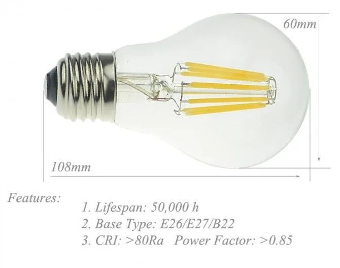 CE RoHS Approved LED 4W 6W 8W 100lm/W Filaments A60 E27 E26 E12 E14 ...