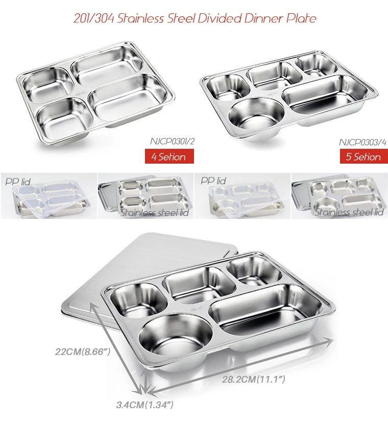 304 Stainless Steel 5 Compartments Dinner Plates for Restaurante