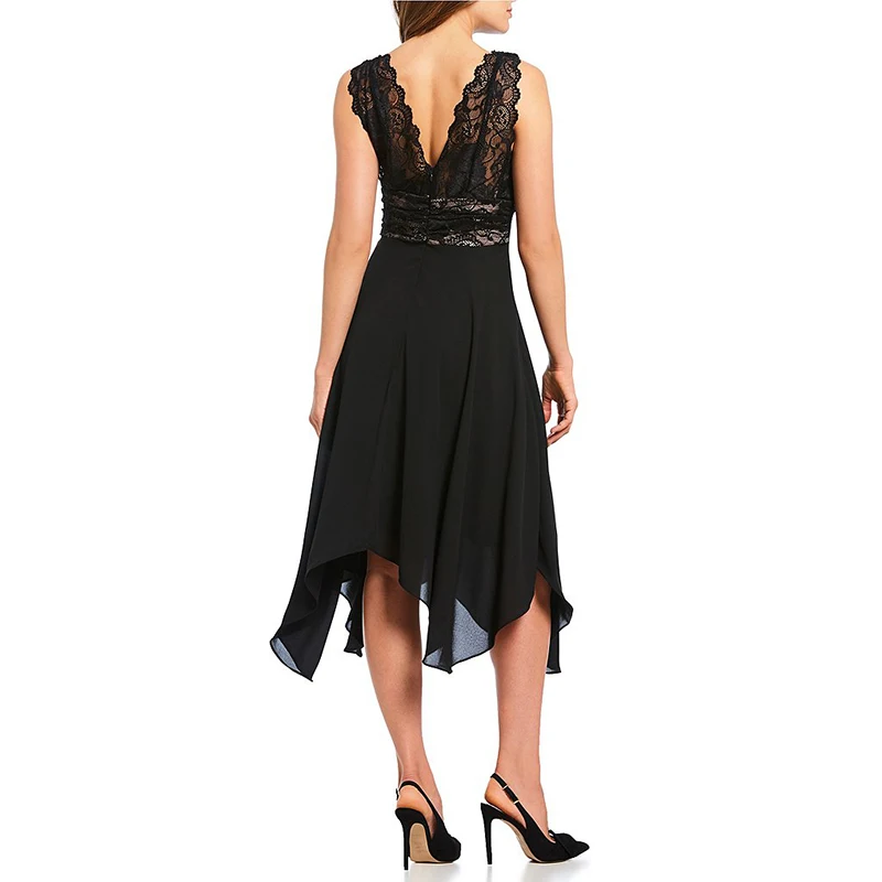 Women Wear Surplice V-neckline Lace Bodice Chiffon Skirt Dress Back ...