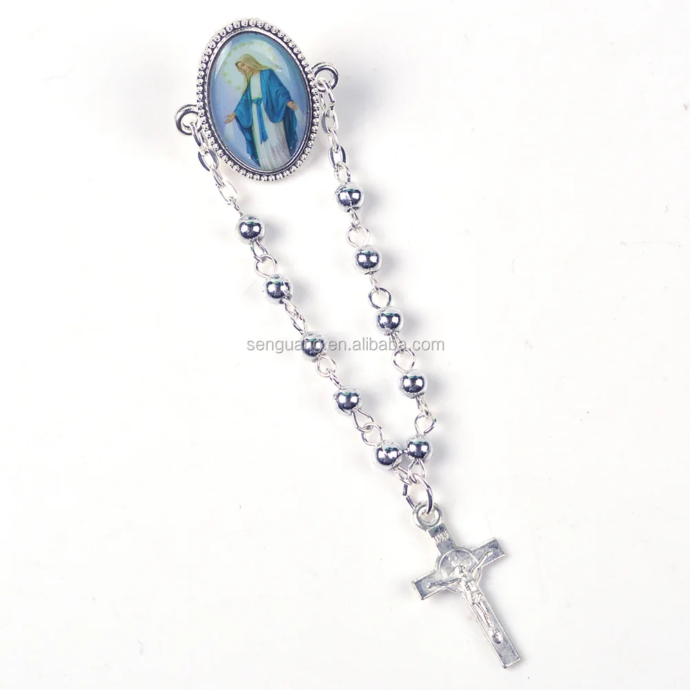 Religious Style Blessed Mother Rosary Lapel Pin - Silver Beads