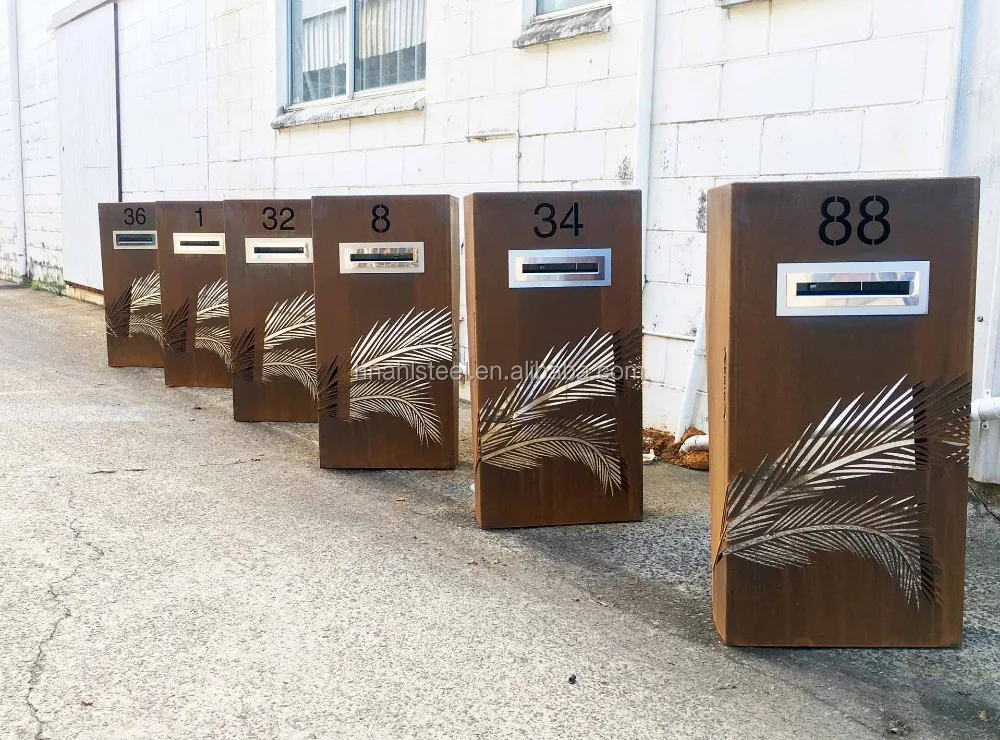 Modern Red Metal Mailbox with Corten Steel Letter Box & Hanging Wall ...
