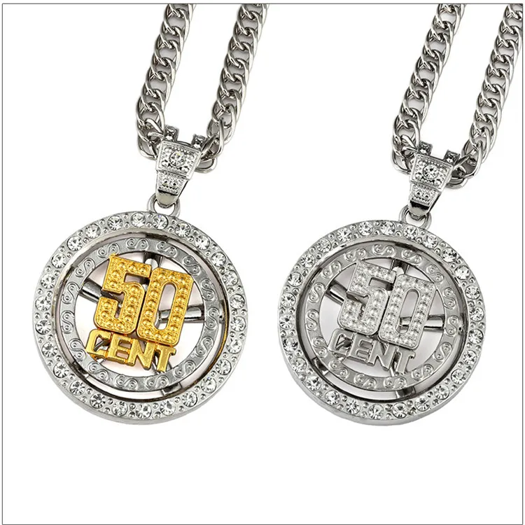 Fashion Jewelry Round Rotating 50 Cent Pendant Crystal Necklace for Men