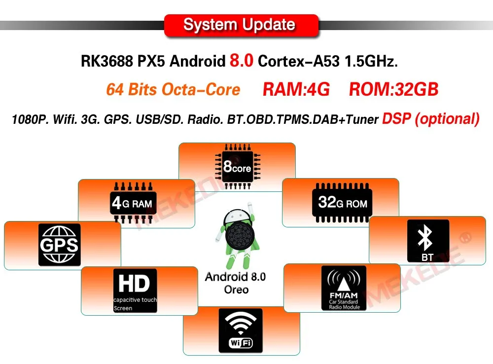 MEKEDE PX5 RK3688 안드로이드 8.0 octa core 7 "차 dvd player 와 4 그램 RAM + 32 ...